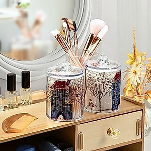 Gredecor Christmas Winter Qtip Holder Dispenser 2 Pack Snowmen Snow Courtyard with Trees Bathroom Decorative Storage Canister Holder Counter Vanity Organizer for Cotton Ball Swabs Pads Floss