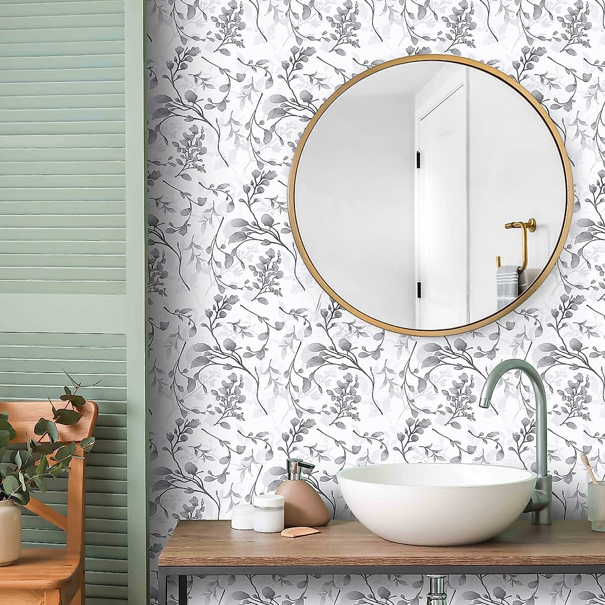 Froluya Gray Peel and Stick Wallpaper Gray Floral Wallpaper 17.7 inch×118.1inch Floral Contact Paper Flower Self Adhesive Removable Wallpaper for Bathroom Modern Breezy Leaves Decorative Wallpaper