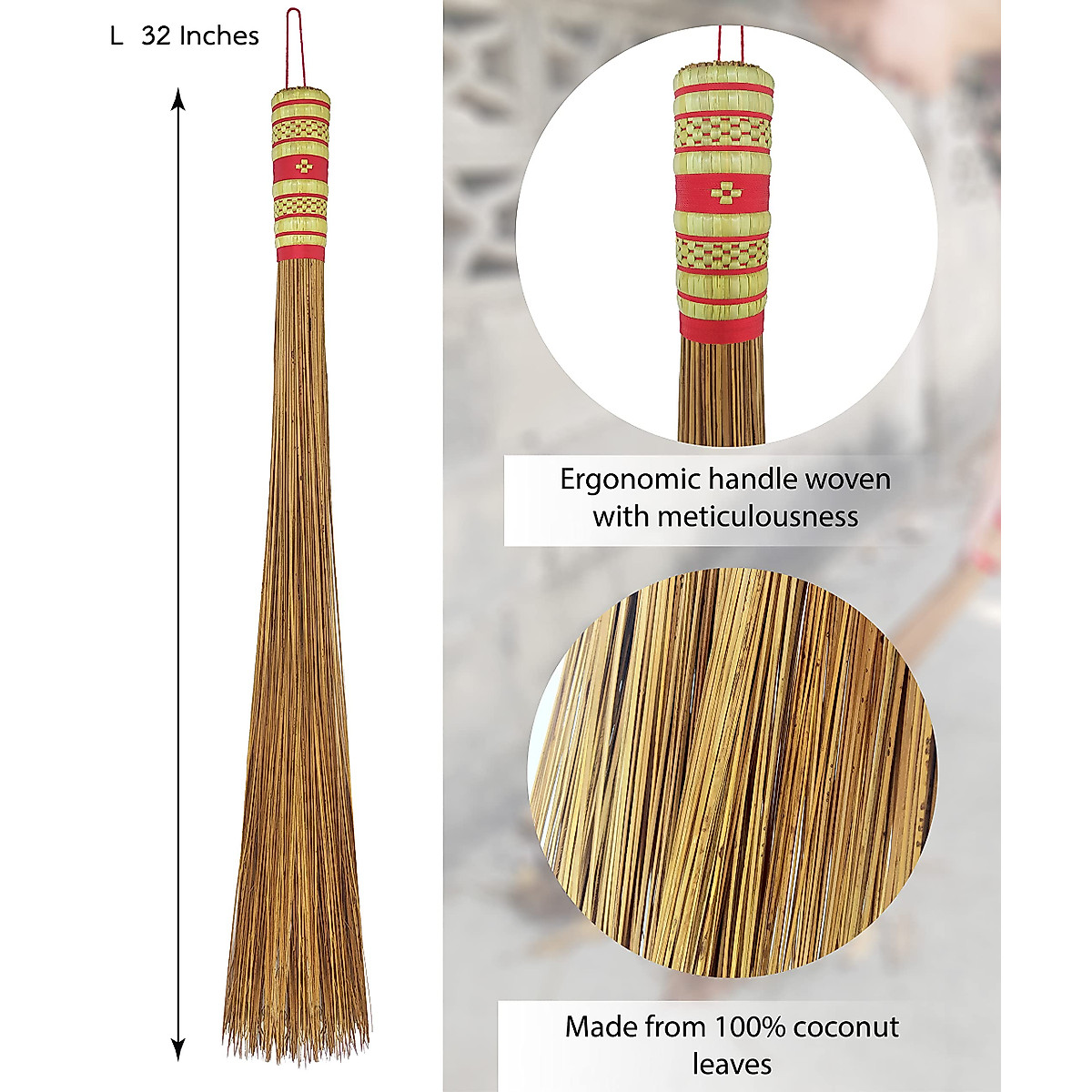 1 Piece of 32 inch Multi-Surface Sturdy Outdoor Authentic Coconut Leaf Broom Asian Heavy Duty Broom Thai Natural Coconut Leaf Broom (Country Rustic)