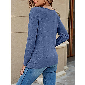 Danedvi Womens Tops Deep V Neck Long Sleeve Shirts Oversized Solid Color Casual Loose Top Blue