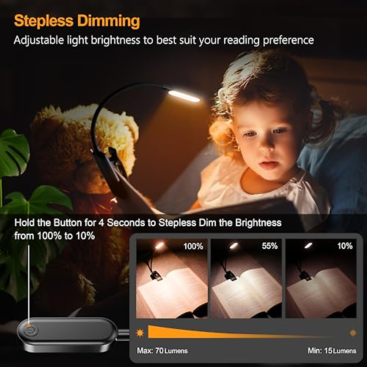 Gritin 16 LED Rechargeable Book Light for Reading in Bed- Eye Caring 3 Color Temperatures, Stepless Dimming Brightness, 80 Hrs Runtime, Lightweight Flexible Clip on Light for Book Lovers