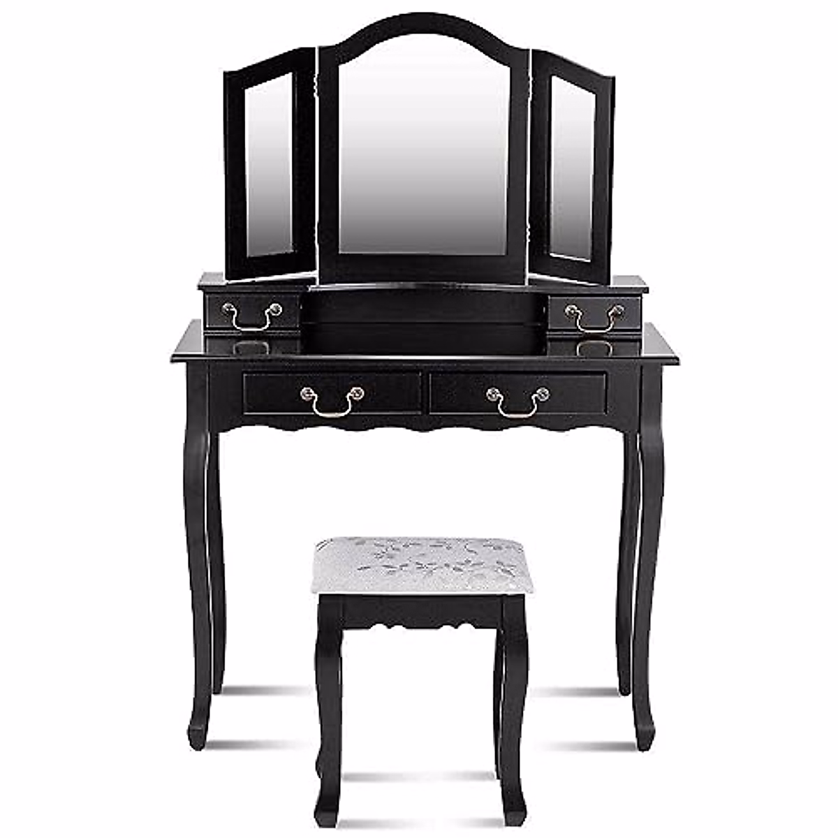 KJNS Vanity Set Makeup Dressing Table Tri Folding Mirror Stool 4 Drawers Black Vanity Desk Makeup Vanity Side Tables Bedroom Vanity Table Portable Desk Vanity Set