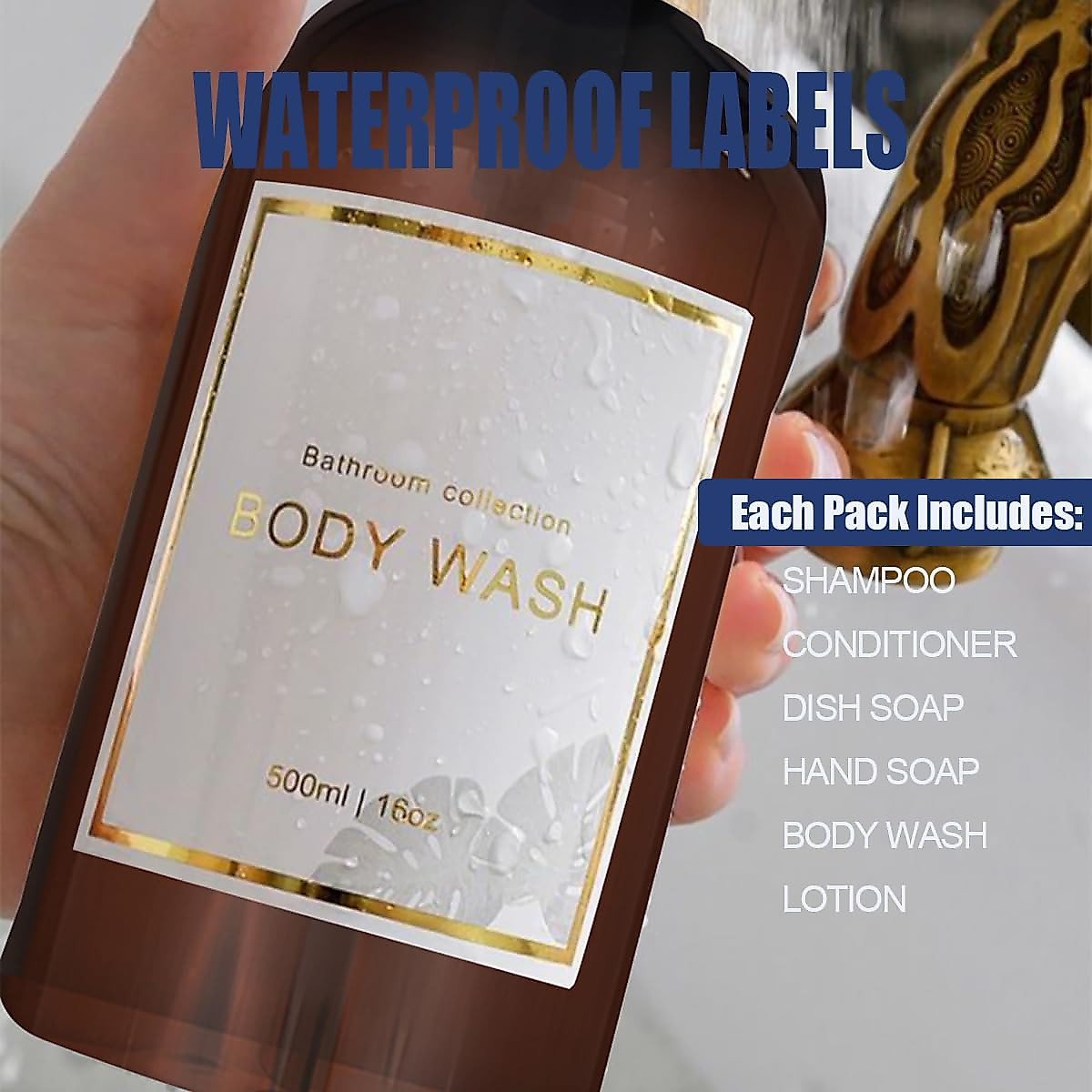 Akalin 16oz Shampoo and Conditioner Dispenser, Set of 3 Shampoo Bottles Refillable with Pump, 3 Shampoo and Conditioner Bottles, Shower Bottles Refillable with 6 Waterproof Labels (Brown)