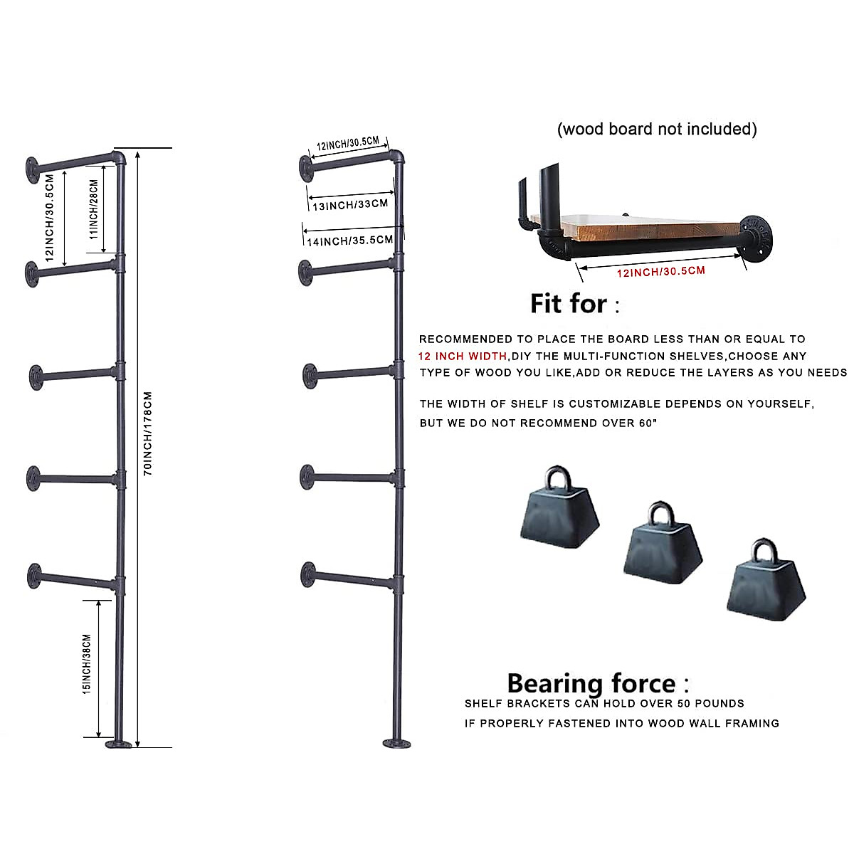 5 tier Industrial Wall Mount Iron Pipe Shelf Shelving Bracket Vintage Retro Ceiling Hung shelf DIY Open Bookshelf Storage for office Room Kitchen (2PcsX5Tier,70" Tall,12"deep,Hardware Only)