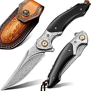 LOTHAR Damascus Pocket Knife for Men, 7.78" VG10 Folding Knife with Retro Leather Sheath,Sandalwood Handle, Classical Bolster, Lanyard Hole, EDC Knife Anniversaries, Christmas, elegant gifts for Men (Black)