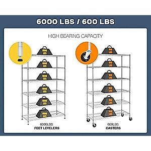 BestOffice 18x48x72 ​Wire Shelving with Commercial Wheels 6-Shelf Adjustable Heavy Duty Storage Shelves Metal Shelves Storage Unit Shelf,6000 LBS (Chrome)