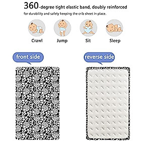 Roses Themed Fitted Crib Sheet,Standard Crib Mattress Fitted Sheet Toddler Bed Mattress Sheets-Great for Boy or Girl Room or Nursery,28“ x52“,White and Charcoal Grey