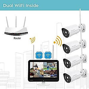 xmartO 2K HD Dome PTZ Wireless Security Camera with Auto Tracking and Audio. 4-Set 2K WiFi PTZ Camera Kit with 4k 10CH Expandable WiFi NVR Screen