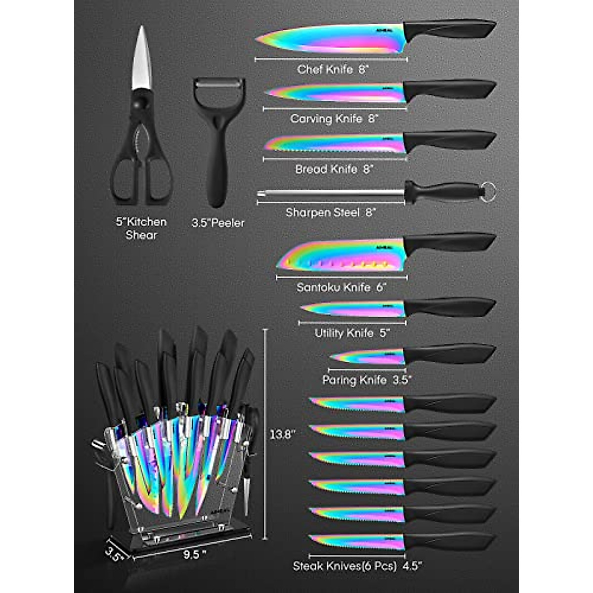 Aiheal Knife Set, 16 Pieces High Carbon Stainless Steel Rainbow Color Kitchen Knife Set, Titanium Coating Blade, No Rust and Super Sharp Cutlery Knife Set with Acrylic Stand and Kitchen Scissors, Gift