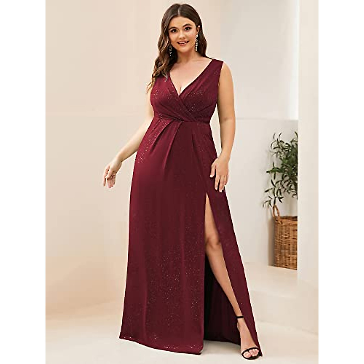 Ever-Pretty Women's Sexy Backless Pleated Split Empire Waist Plus Size Evening Dresses Burgundy US16