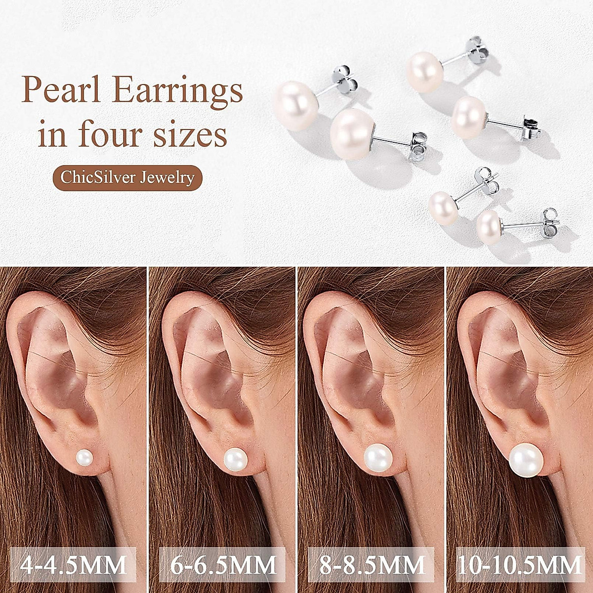 ChicSilver Pearl Stud Earrings for Women 4MM Freshwater Cultured White Button Pearl Earrings 925 Sterling Silver Small Studs for Sensitive Ear