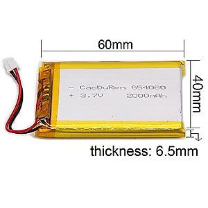 CaoDuRen MSDS Verified Part Number: 654060, Rechargeable 3.7V 2000mAh Li Lipo Lithium Polymer Ion Battery Pack with 2 Pin 2.0mm JST Connector