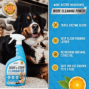 Pet Odor and Stain Eliminator - 32 oz ACTIVE Enzyme Cleaner for Dog & Cat Urine, Stain Remover Spray for Carpet, Upholstery, Hardwood, Spot Cleaning, Deodorizer for Dogs Cats Pets - Natural Citrus Oil