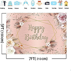 AIBIIN 7x5ft Rose Gold Boho Happy Birthday Backdrop Banner for Women, Pink Pampas Grass Boho Chic Pink Flowers Photo Background, Boho Party Decorations Backdrop Cake Table Banner Supplies Vinyl