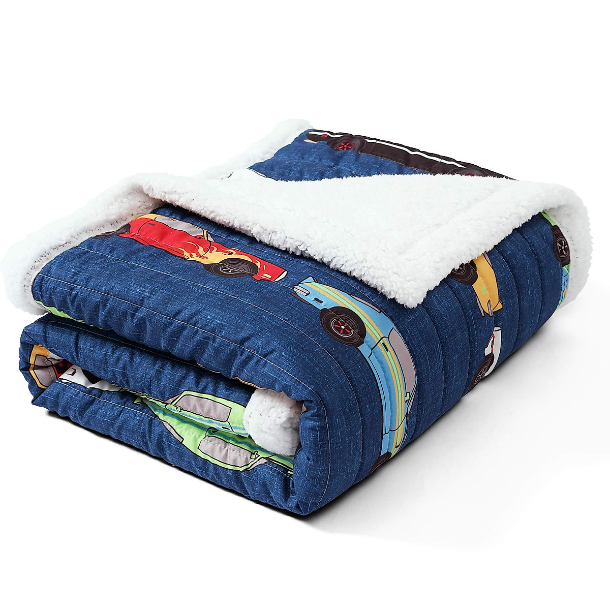 Lush Decor Cars Throw | Fuzzy Reversible Sherpa Blanket with Racing Print Design for Kids-60” x 50, Navy