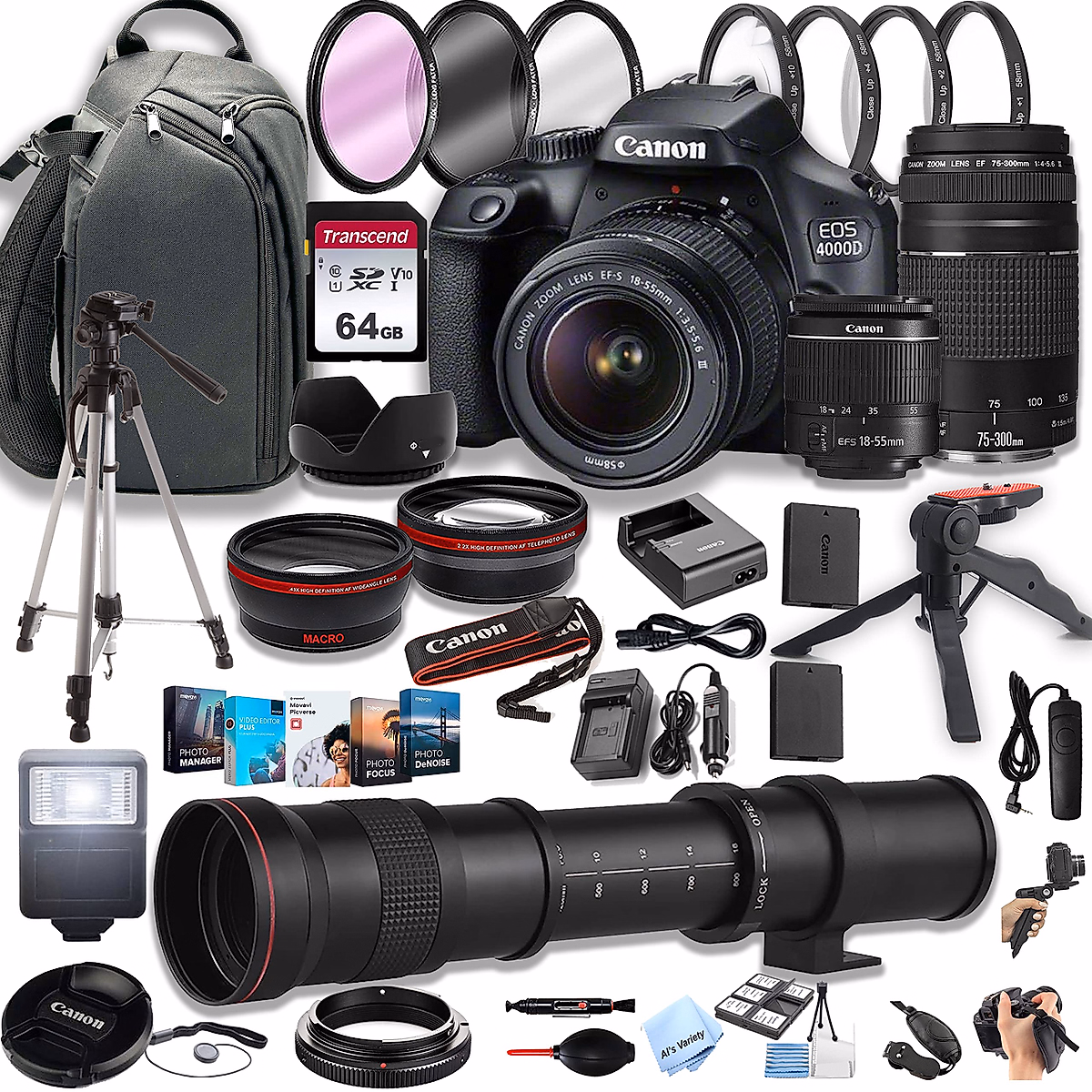 Canon EOS 4000D (Rebel T100) DSLR Camera w/EF-S 18-55mm F/3.5-5.6 Zoom Lens + 75-300mm F/4-5.6 III Lens + 420-800mm Super Telephoto Lens + 64GB Memory Cards, Professional Photo Bundle (Renewed)