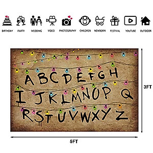 Lofaris Stranger Photography Backdrop Rustic Alphabet Colorful Lights Background Kids Birthday Party Decorations Supplies Cake Table Banner Photo Booth Props Cake Table Banner 5x3ft