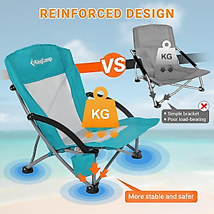 KingCamp Double Small Folding Portable Lightweight Low Sitting Sand Chair Beach Chairs for Adult with Cup Holder, Carry Bag Padded Armrest for Outdoor Beach Concert Traveling Festival BBQ