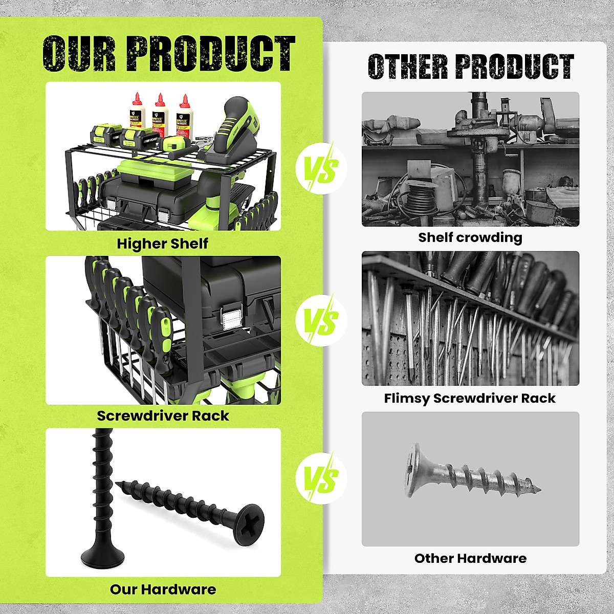 Aomomery-Power Tool Organizer-5 Drill Holder Wall Mount,3 Layer Heavy Duty Metal Power Tool Storage Rack,Garage Tool Organizer and Storage with Screwdriver Holder/Plier Holder/Hammer Holder