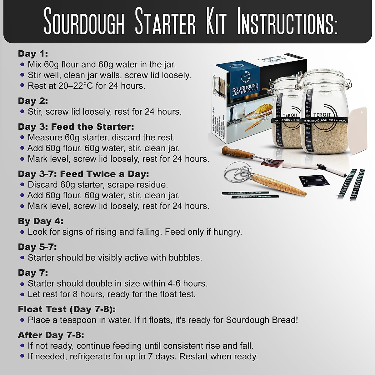 TEROIT Sourdough Starter Kit, Sourdough Bread Baking Supplies - 2PCS Sourdough Starter Jar, Bread Lame, Bread Whisk, Dough Scraper, Air Tight Lid - Delightful Gift for Home Cooks