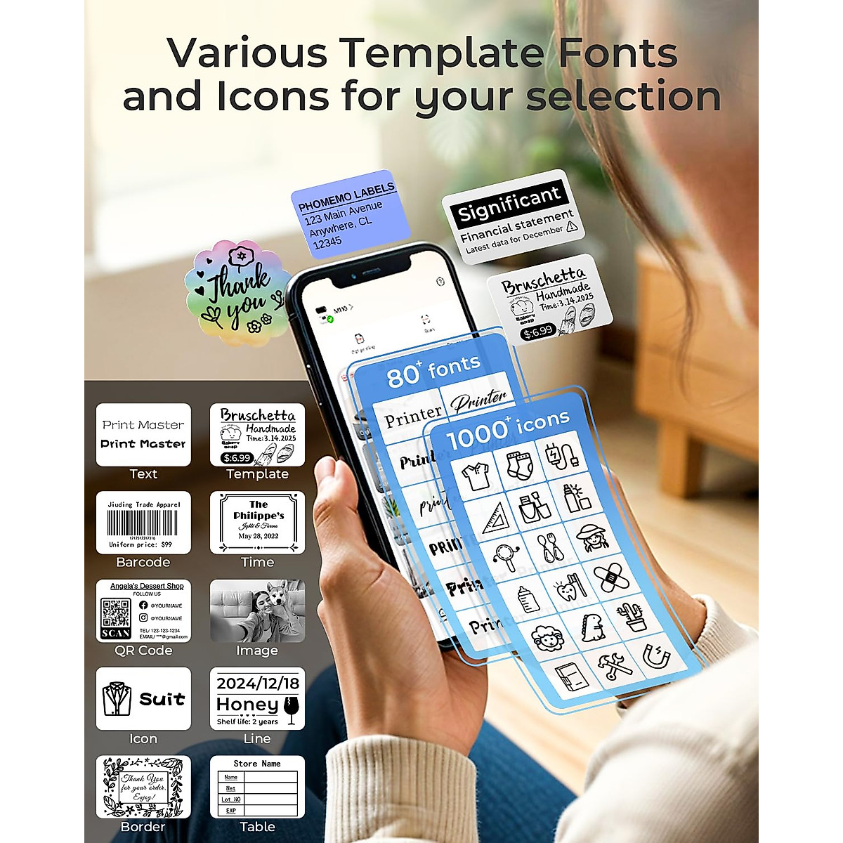 Phomemo M110 Label Makers - Portable Bluetooth Thermal Label Maker Printer for Barcode, Clothing, Jewelry, Retail, Mailing, Compatible with Android & iOS System, with 1pack 40×30mm Label, Black