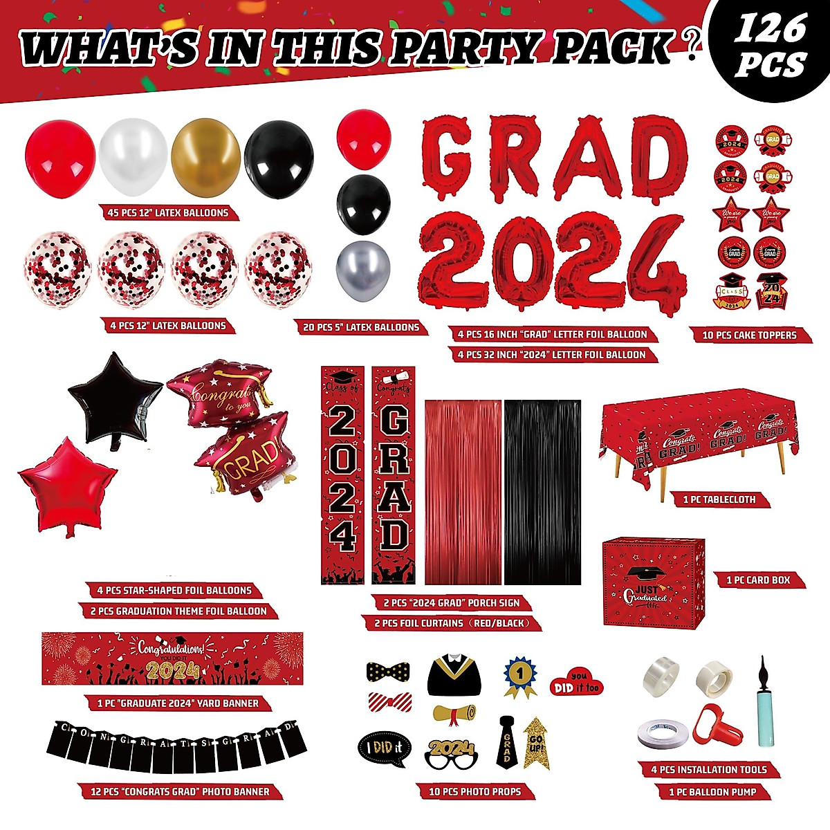 Party Spot！2024 Graduation Party Decorations, 125 PCS Graduation Decorations Class of 2024, Graduation Banner, Tablecloth, Balloons, Cake Toppers, Red and Gold Graduation Party Decorations