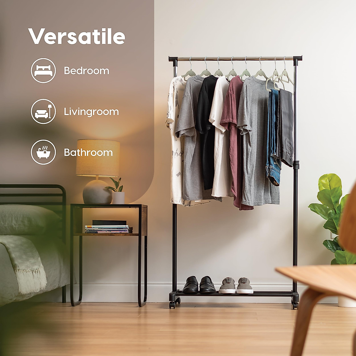 IRIS USA Portable Single-Rod Height Adjustable Clothes Rack with Lockable Wheels, Rolling Garment, Sigle Rod Wardrobe Rack, Easy Assemble, for Clothes, Belts, Shoes, and Bags