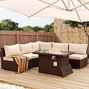 RADIATA PE Wicker Patio Furniture Set Sectional High Back Large Size Sofa Sets with Propane Fire Pit Table 55000 BTU Balcony Rattan Lounge Conversation Sets for Outdoor (6 Pieces,Brown)