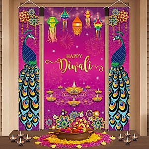 3 Pcs Happy Diwali Porch Door Banner, Indian Diwali Peacock Front Porch Door Cover, Deepawali Festival of Lights Porch Door Backdrop Hanging Decorations for Indian Diwali Light Festival Party Supplies
