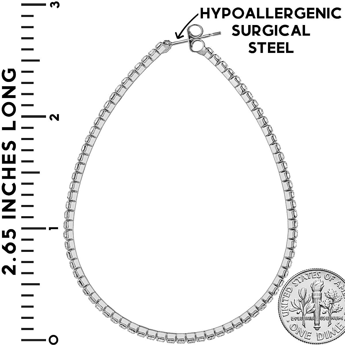 Bling Earrings for Women - Silver Rhinestone Hoop Earrings For Women, Extra Large Fake Diamond Hoops, Big Huge Statement Teardrop Ear Jacket, Long Sparkly Thin CZ Drop, Silver Tone 2.6" XL