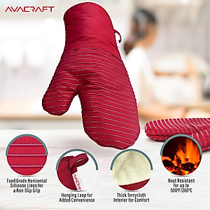 AVACRAFT Oven Mitts Pair, Flexible, 100% Cotton with Unique Heat Resistant Food Grade Silicone, Thick Terry Cloth Interior, 500 F Heat Resistant (Red Oven Mitts)