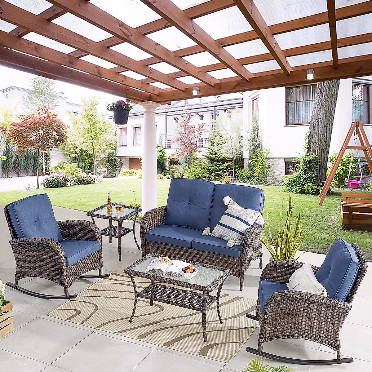 Belord Wicker Porch Rocking Chairs - 3 Pieces Patio Bistro Set High Back Outdoor Rocker Chairs Set with Side Table for Deck Balcony Brown