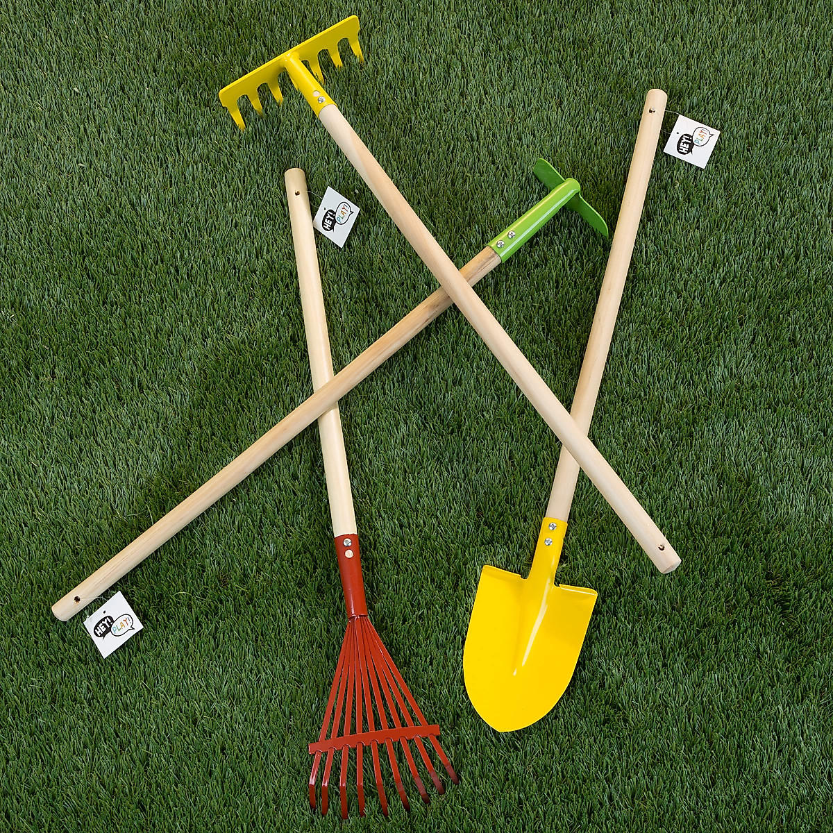 Hey! Play! Kid’s Garden Tool Set with Child Safe Shovel, Rake, Hoe and Leaf Rake– 4 Piece Gardening Kit with Long Wood Handles for Boys and Girls