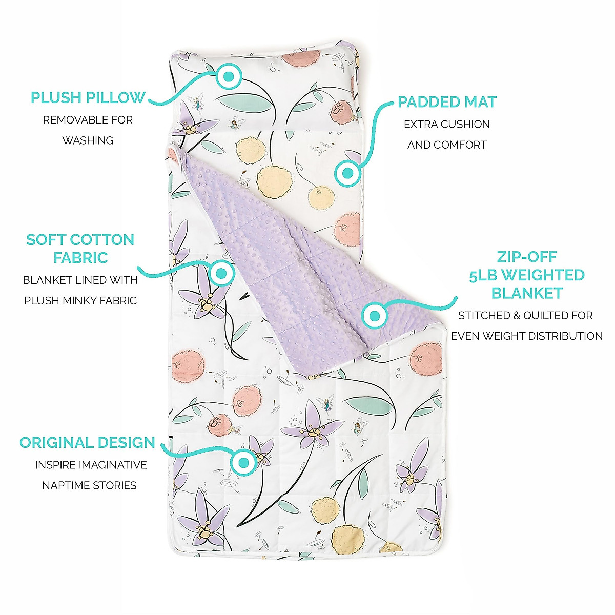 JumpOff Jo - Extra Long Toddler Nap Mat - Sleeping Bag for Kids with 5lb. Detachable Weighted Blanket and Removable Pillow for Preschool, Daycare, and Sleepovers - 53 x 21 Inches - Fairy Blossom