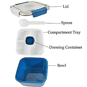 Home-X Section Lunch Box, Lunch Containers for Kids and Adults, Multi-Compartment Food Box, Salad Dressing Container, Spork, 6 ¾" L x 6 ¾" W x 4 ¾" H, Blue
