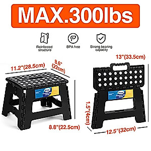 Korpai 9" Folding Step Stool for Adults and Kids Holds Up to 300 lbs,Non-Slip Folding Stools with Portable Handle, Compact Plastic Foldable Step Stool for Bathroom,Bedroom, Kitchen,Black, 1PC
