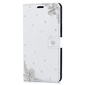 Fairy Art Crystal Wallet Case Compatible with Samsung Galaxy Z Fold 5 - Little Flowers - White - 3D Handmade Sparkly Glitter Bling Leather Cover with Screen Protector & Neck Strip Lanyard