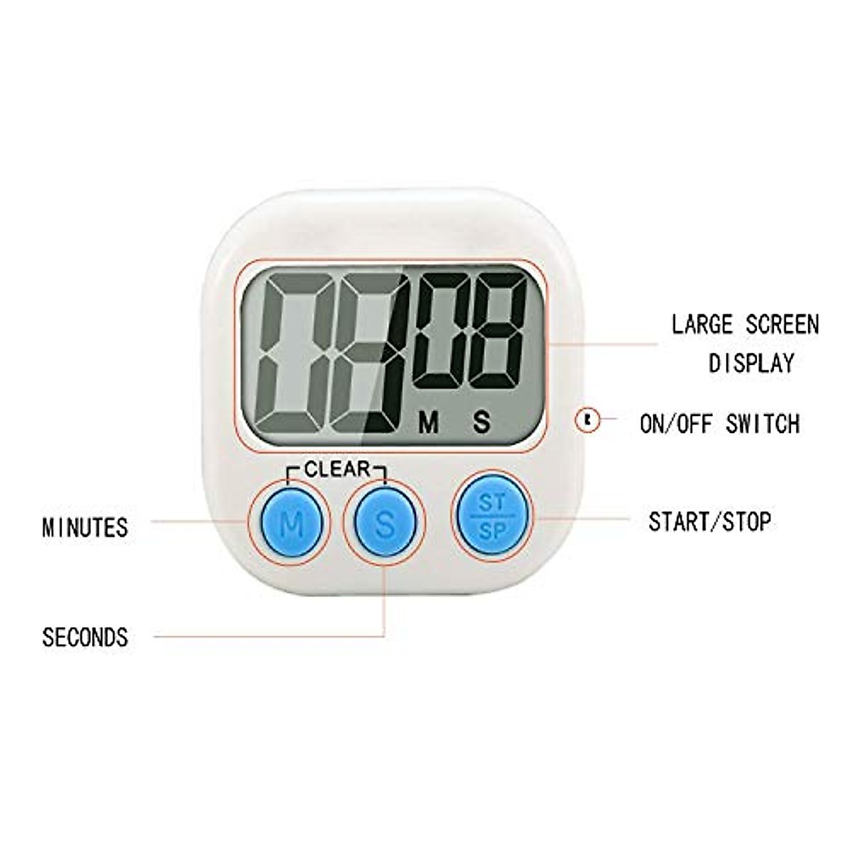 Timer, Multi-Functions Magnetic Countdown Kitchen Digital Timers ,Use for Cooking,Classroom,Bathroom,Teachers,Kids Time Management,White(No lncluded Battery)