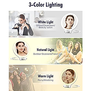 FASCINATE Magnifying Mirror 10X 1X Double Sided Magnification Makeup Vanity Mirror Rechargeable Lighted Mirror with 3 Color Setting Adjustable Rotation LED Vanity Desk Mirror White(Not Include Bag)