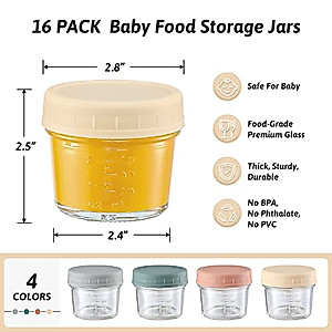 VITEVER 16 Pack Glass Baby Food Storage Containers, 4 oz Baby Food Jars with Plastic Lids, Small Baby Food Maker, Reusable Infant Freezer Container, Microwave, Dishwasher & Freezer Safe, BPA Free