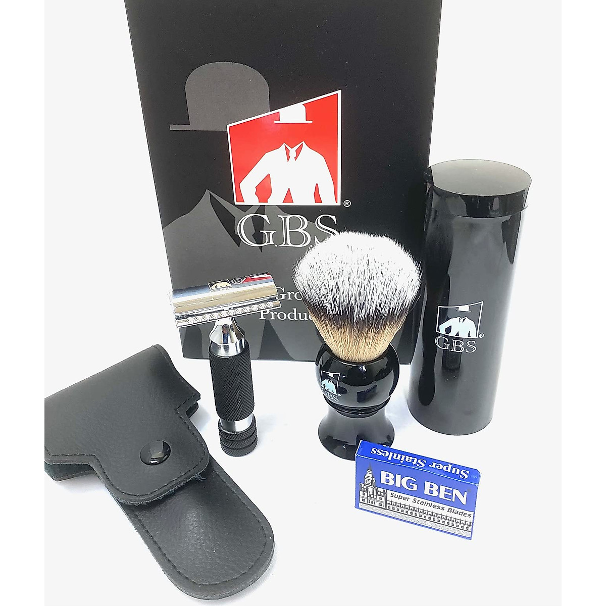 G.B.S Black Travel Shaving Brush, 4 Piece Travel Double Edge Safety Razor, and Leather Razor Case, Daily Beard Care, 10 pack of blades Snap Lock Prevent Razor Bumps