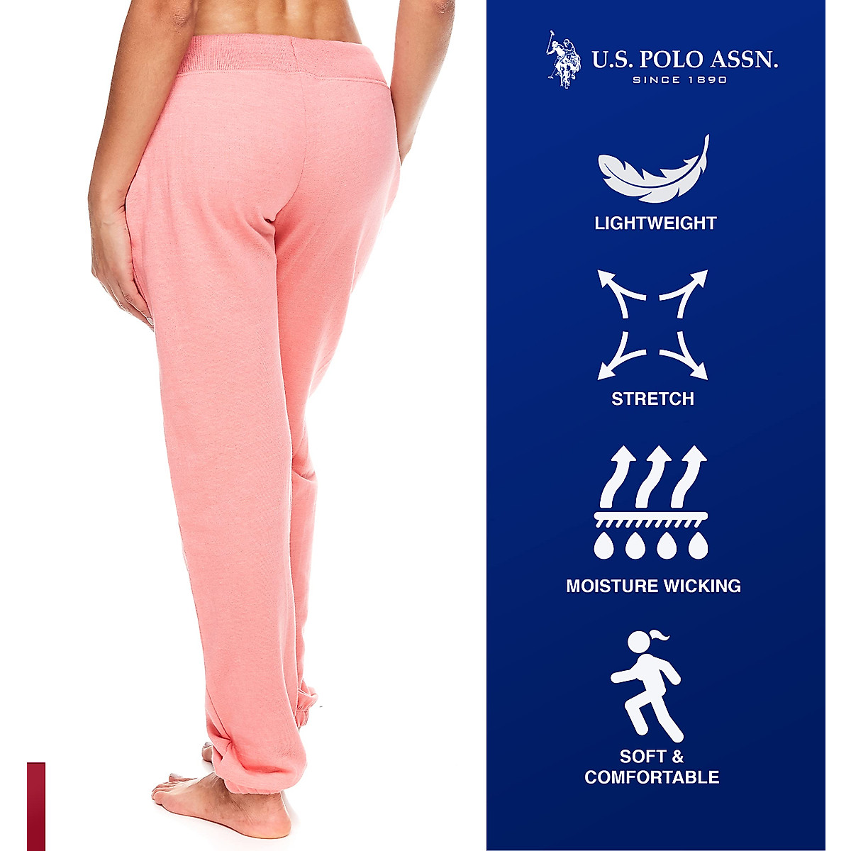 U.S. Polo Assn. Essentials Pink Sweatpants with Pockets, Comfy French Terry Womens Joggers (Coral Heather, Small)