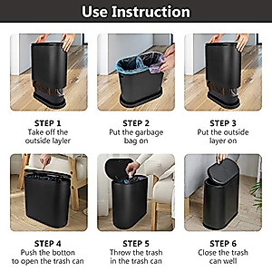 Trash Can, 10 Liter / 2.4 Gallon Plastic Slim Garbage Container Bin with Press Top Lid, Waste Basket for Kitchen, Bathroom, Living Room, Office, Narrow Place（Black）