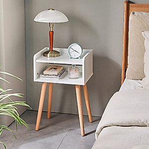 IBUYKE Nightstand, Mid-Century Modern Bedside Table with Solid Wood Legs, Minimalist and Practical End Side Table with Open Storage Shelf, Easy Assembly, White UWNS003W