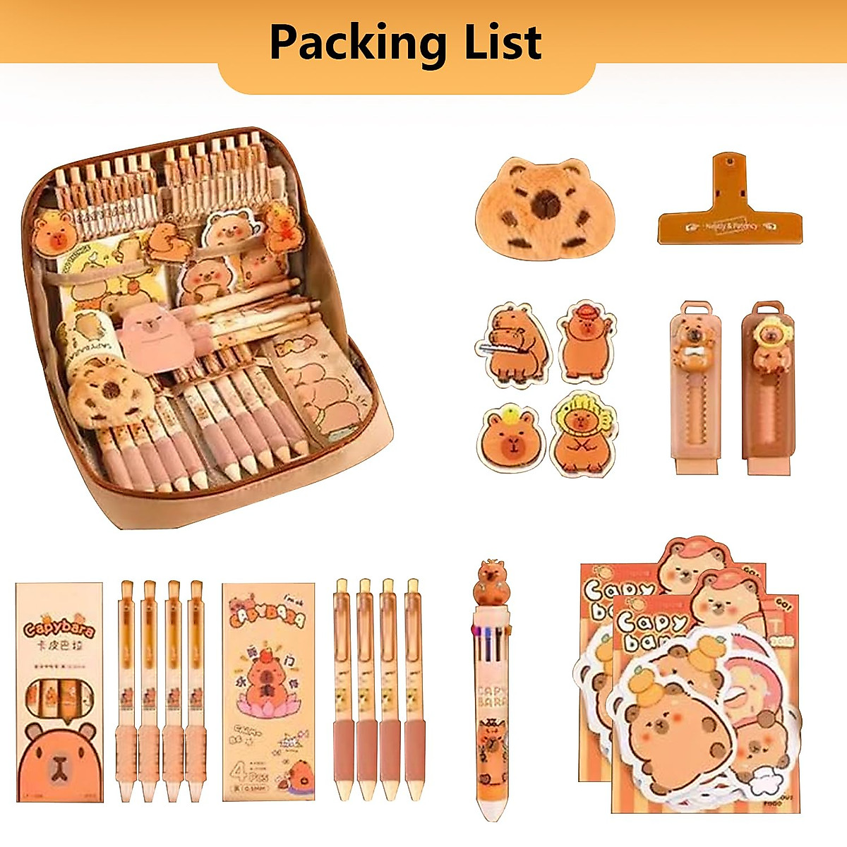 Seqgante Cute Capybara Pencil Case with 12 Compartments 90° Wide Opening Mouth Pencil Pouch with Kawaii Pins Plush Cute Stationery