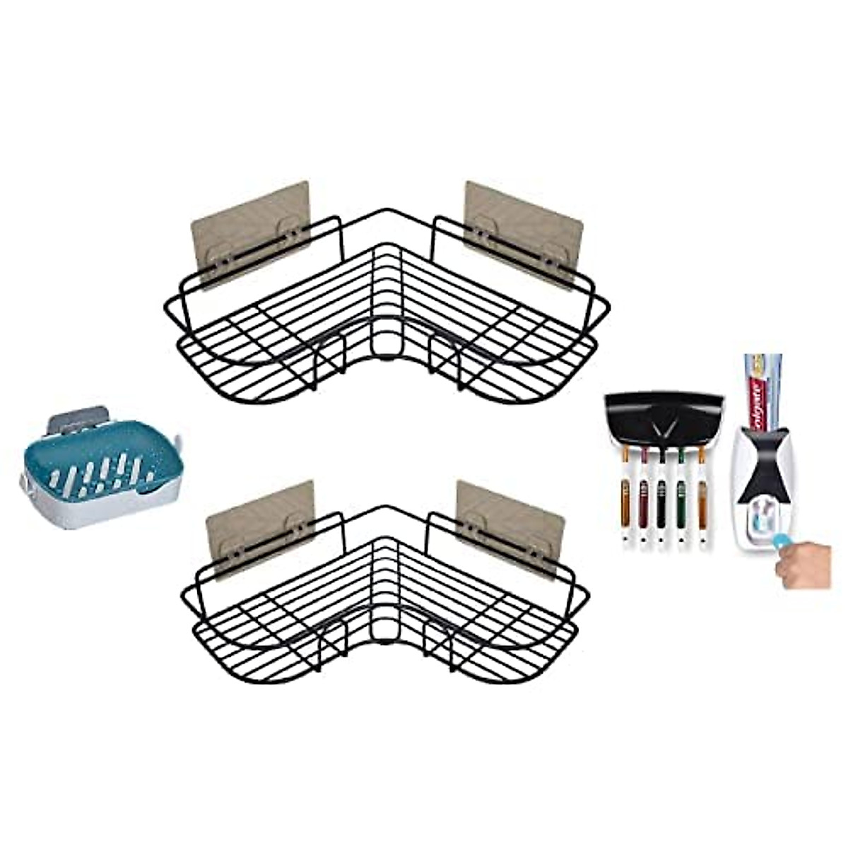 LAMEF 2 Packs Shower Corner Shelf with Soap Holder, Bathroom Shower Organizer with Toothpaste Dispenser and Toothbrush Set Holder, Shower Corner Caddy with Adhesive Hooks for Bathroom Storage