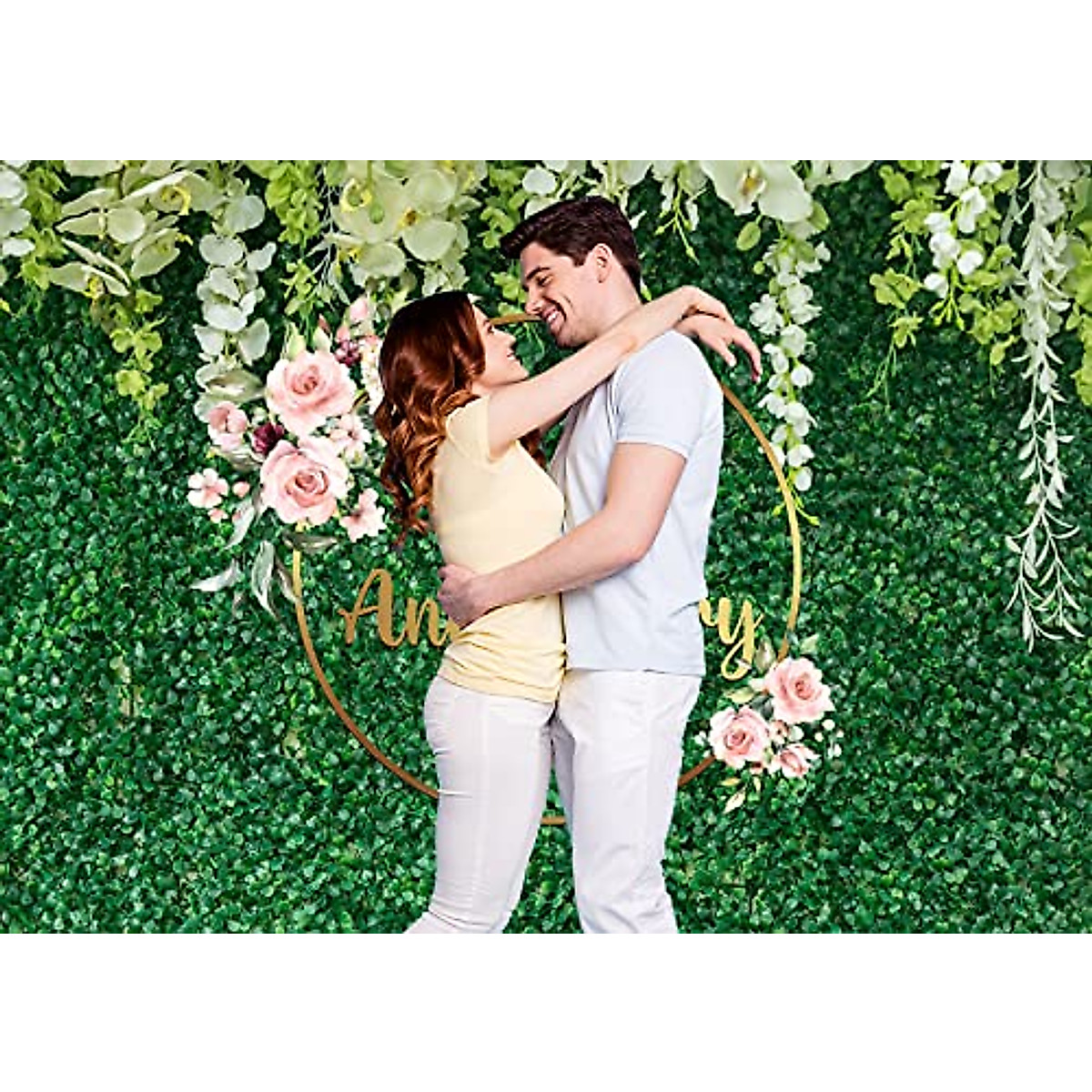 Ticuenicoa 7x5ft Green Grass Wall Floral Happy Anniversary Backdrop for Flower Love Cheers to 10 Years 50th Wedding Birthday Party Supplies Decorations Banner Photo Booth Props Gifts Background