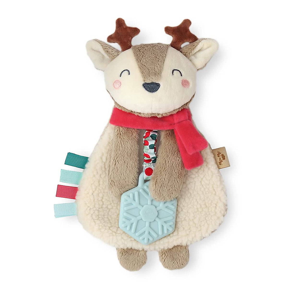 Itzy Ritzy - Itzy Lovey Including Teether - Baby Lovey with Teether, Textured Ribbons & Dangle Arms - Features Crinkle Sound, Sherpa Fabric and Minky Plush (Jolly The Reindeer)