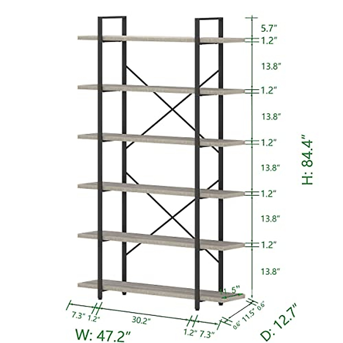 HSH 6 Tier Tall Bookshelf, Wood and Metal Vertical Display Book Shelf, Industrial 6 Shelf Bookcases and Book Shelves Storage Rack, Large Open Book Case for Bedroom Living Room Office, Light Grey Oak