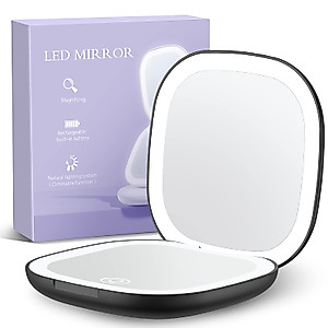 Gospire Double-sided Rechargeable Travel Makeup Mirror with Lights and Magnification 10X, LED Compact Mirror with 3 Light Colors & Adjustable Brightness, Small Vanity Mirror Handheld for Purse - Black